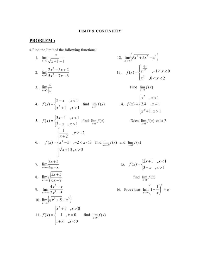 Limits and Continuity Problems | Calculus Exercises