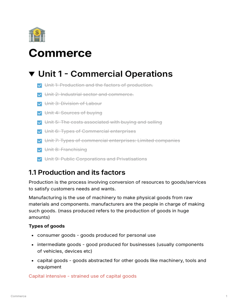 Commerce: Unit 1 - Commercial Operations & Production Factors