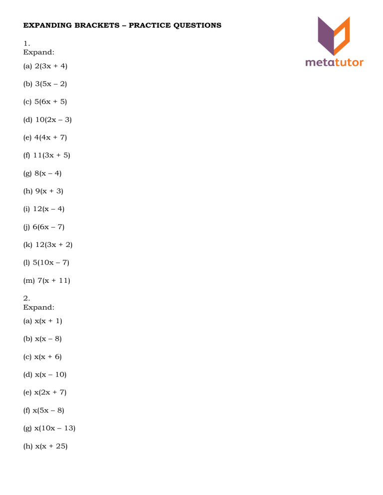 Expanding Brackets Algebra Practice Questions - Metatutor