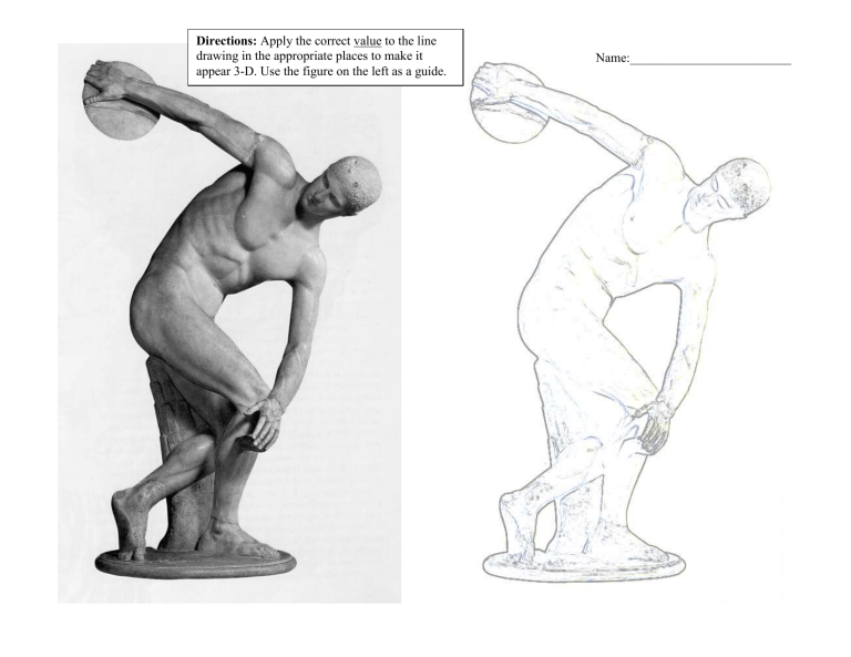 Art Drawing Worksheet: Apply Value for 3D Form (Discobolus)