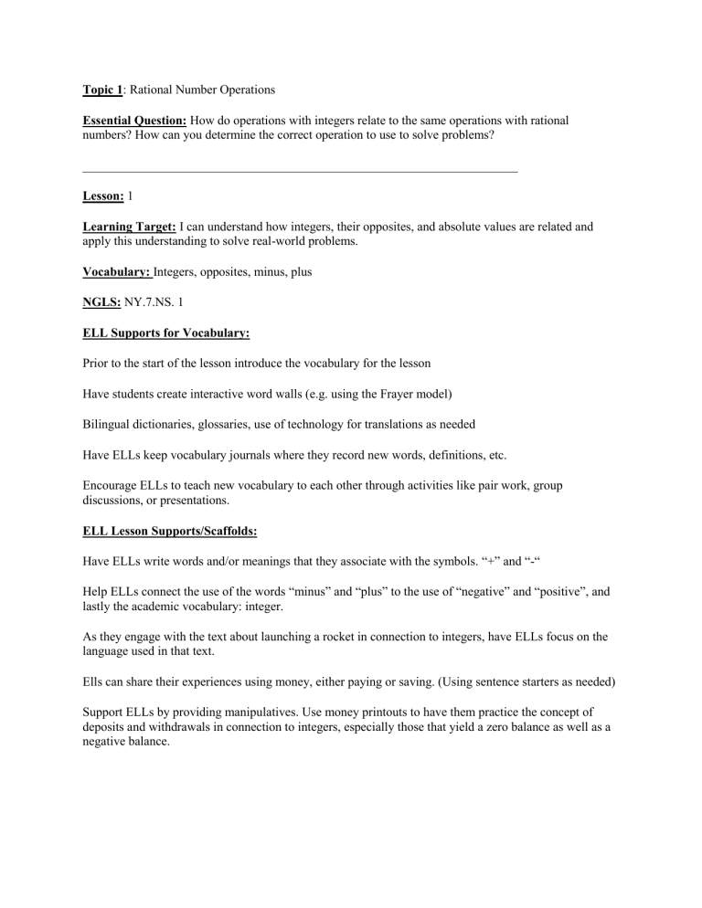 Rational Number Operations: Integers & ELL Support (Middle School Math)