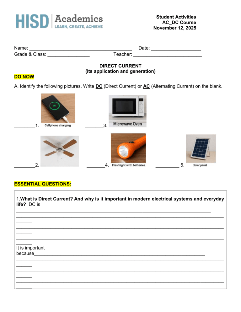 Direct Current (DC) Student Activities: Generation & Applications