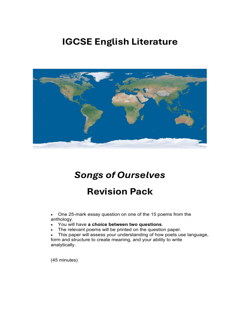 IGCSE English Literature: Songs of Ourselves Revision Pack & Mark Scheme