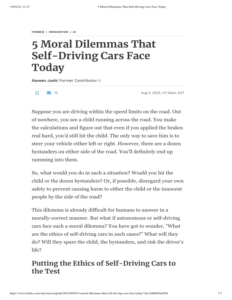 5 Moral Dilemmas Self-Driving Cars Face: Ethics of AI & Autonomous Vehicles