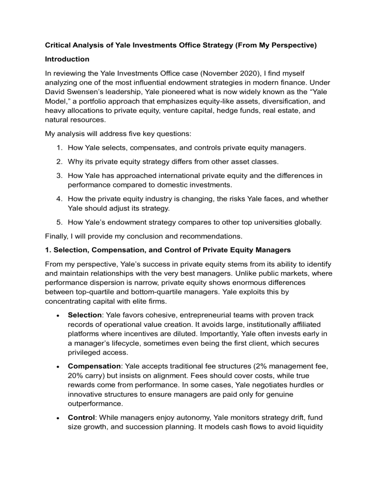 Yale Investments Office Strategy: Critical Analysis of the Yale Model