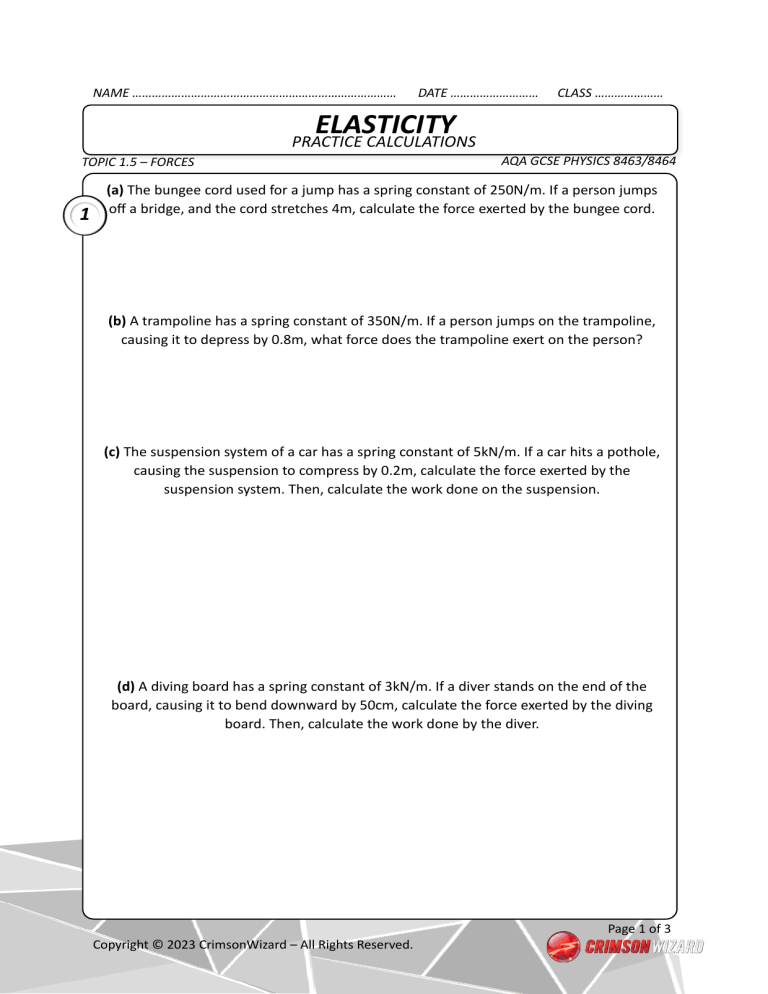 Elasticity & Forces Worksheet: GCSE Physics Practice
