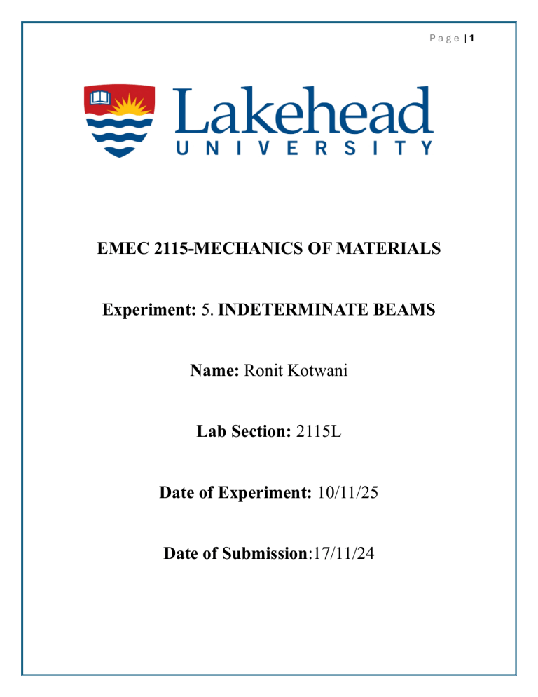 Indeterminate Beams Lab Report: Mechanics of Materials Experiment 5