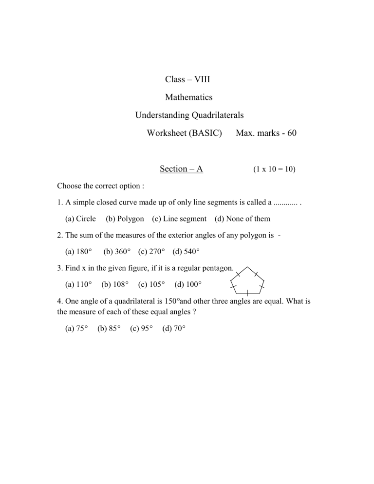 Class 8 Math Worksheet: Understanding Quadrilaterals (Basic to Advanced)
