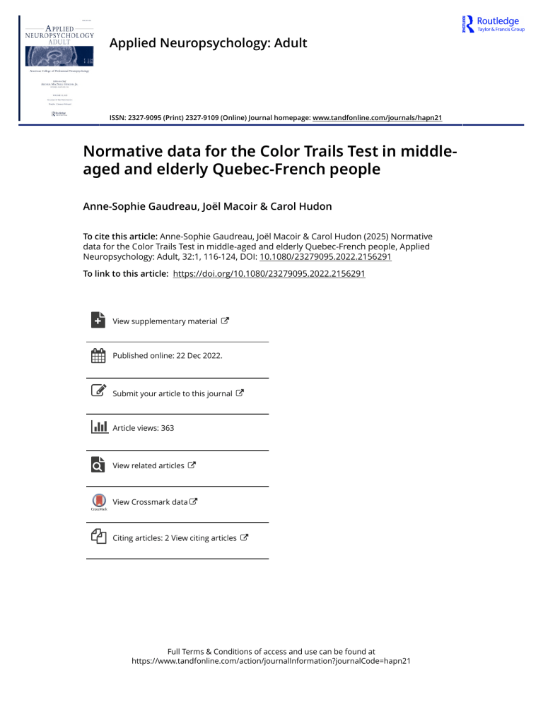 Color Trails Test Norms for Quebec-French Adults
