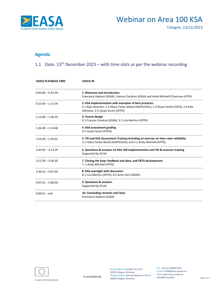 EASA Webinar: Area 100 KSA Implementation & CBTA in Aviation Training