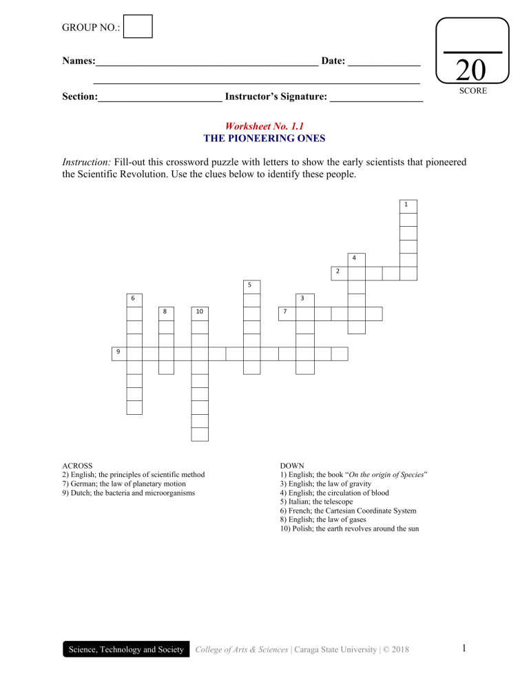 Scientific Revolution Pioneers Crossword Worksheet