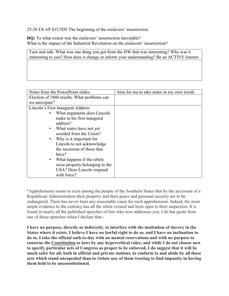 Civil War & Industrial Revolution: Lincoln's Inaugural Address Analysis
