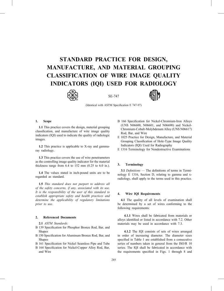Wire IQI Standard Practice for Radiology (ASTM SE-747)