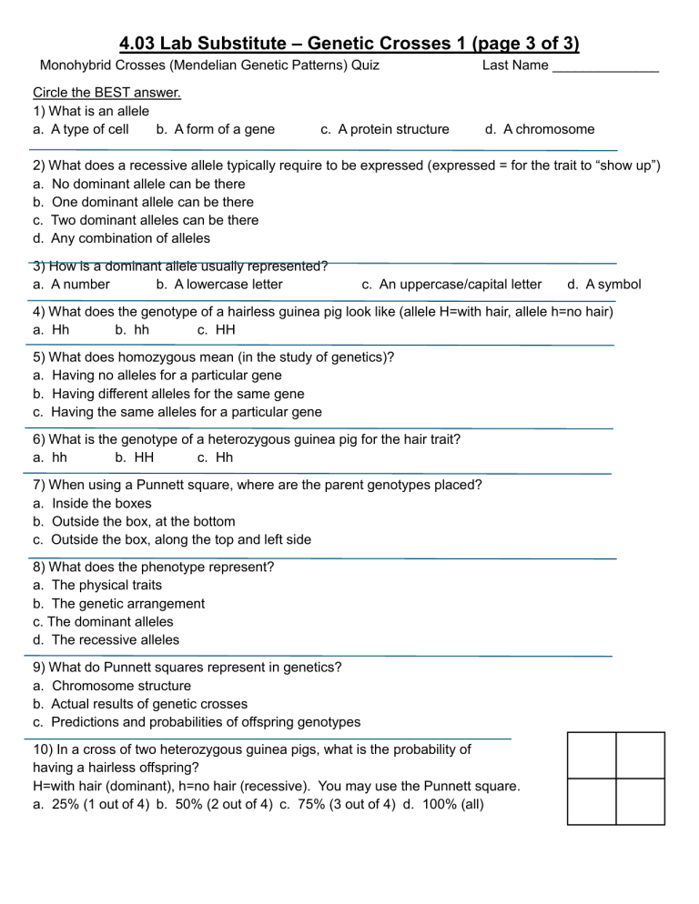 Monohybrid Crosses Quiz: Genetics Practice