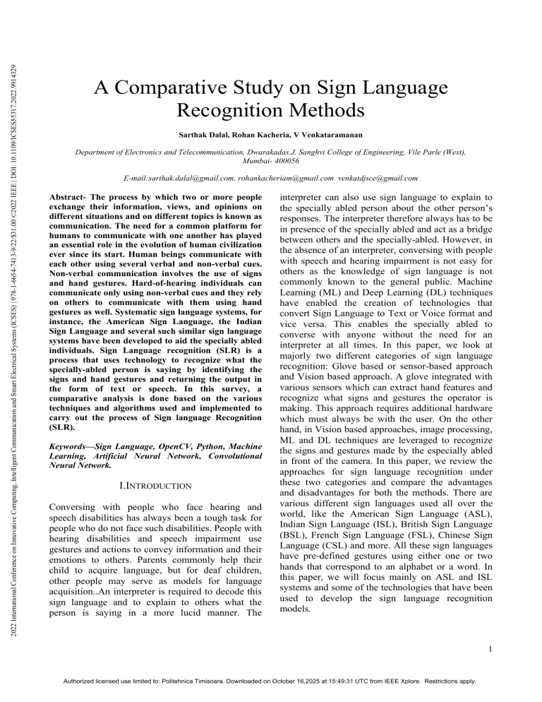 Comparative Study: Sign Language Recognition Methods (SLR)