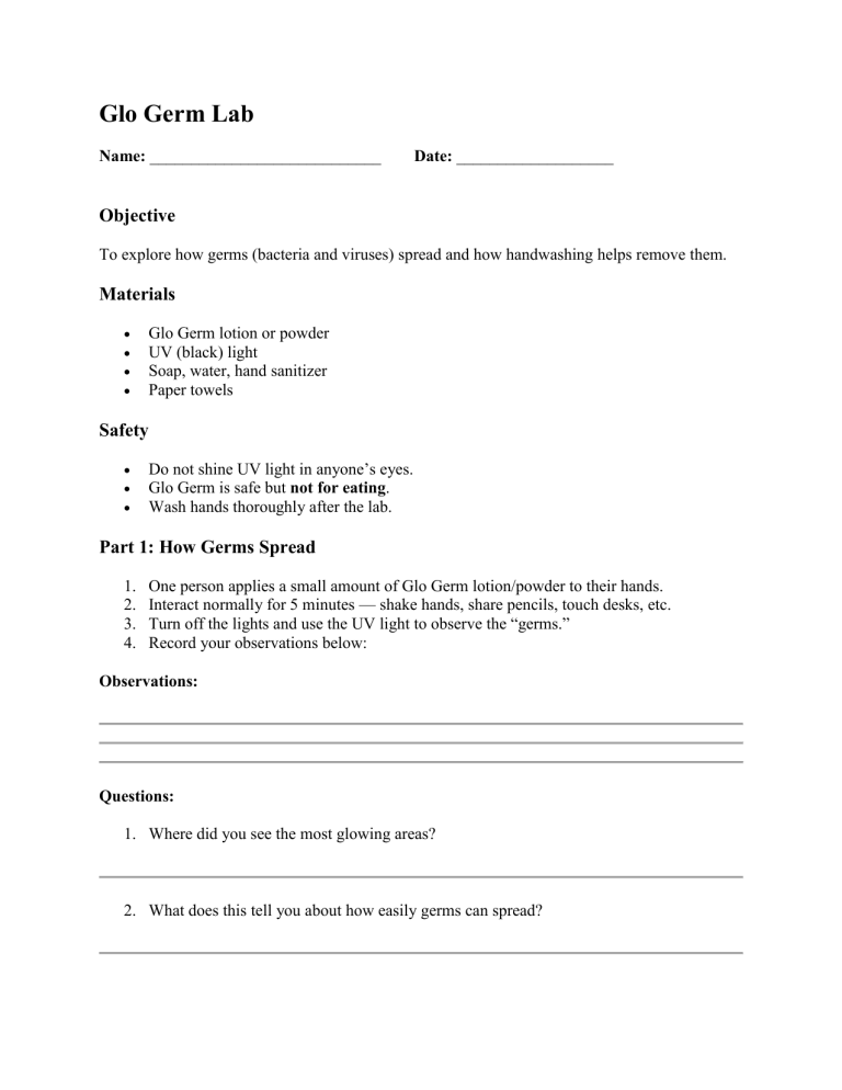 Glo Germ Lab: Germ Spread & Handwashing Worksheet