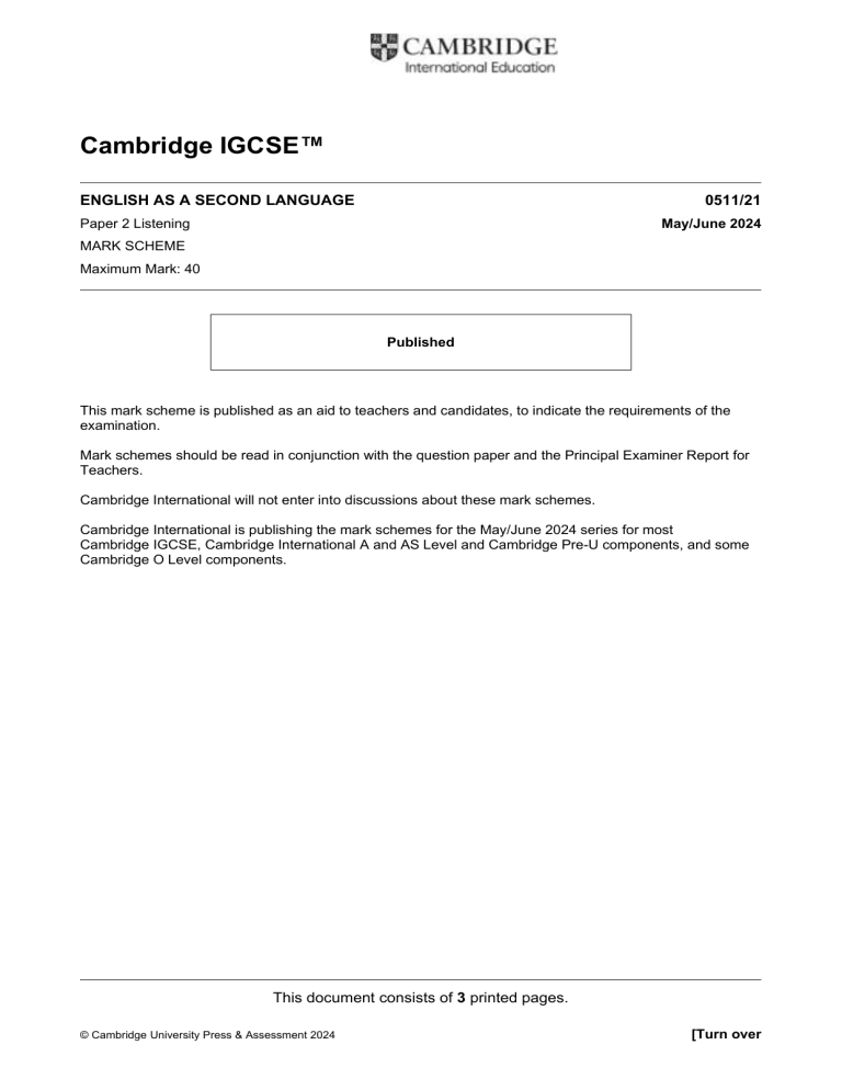 Cambridge IGCSE English as a Second Language 0511/21 Listening Mark ...