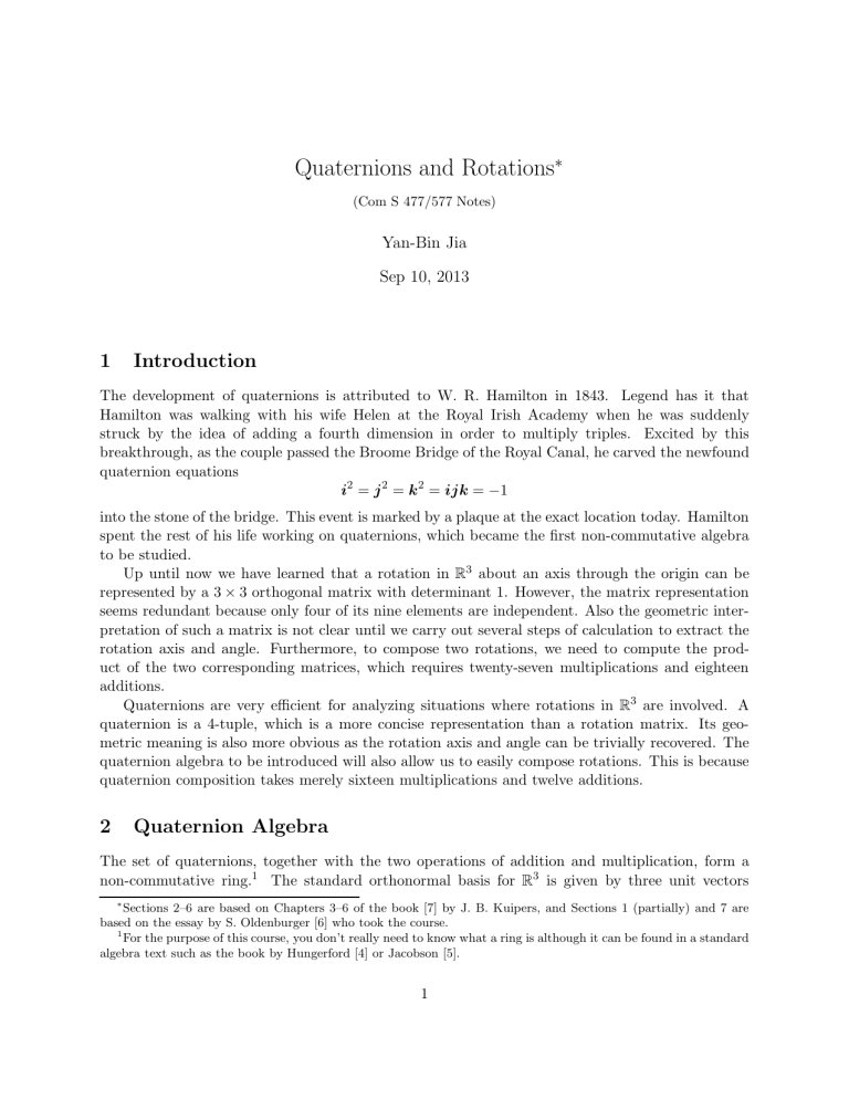 Quaternions and Rotations: Lecture Notes