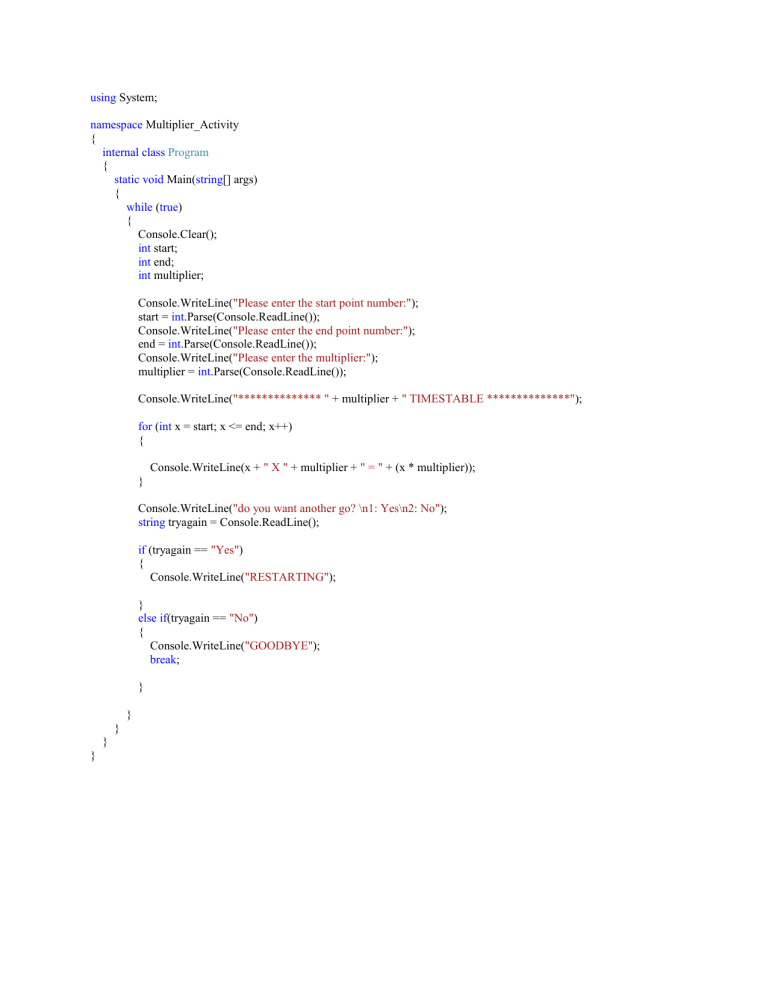 C# Aplikacija za Tablicu Množenja - Primer Koda