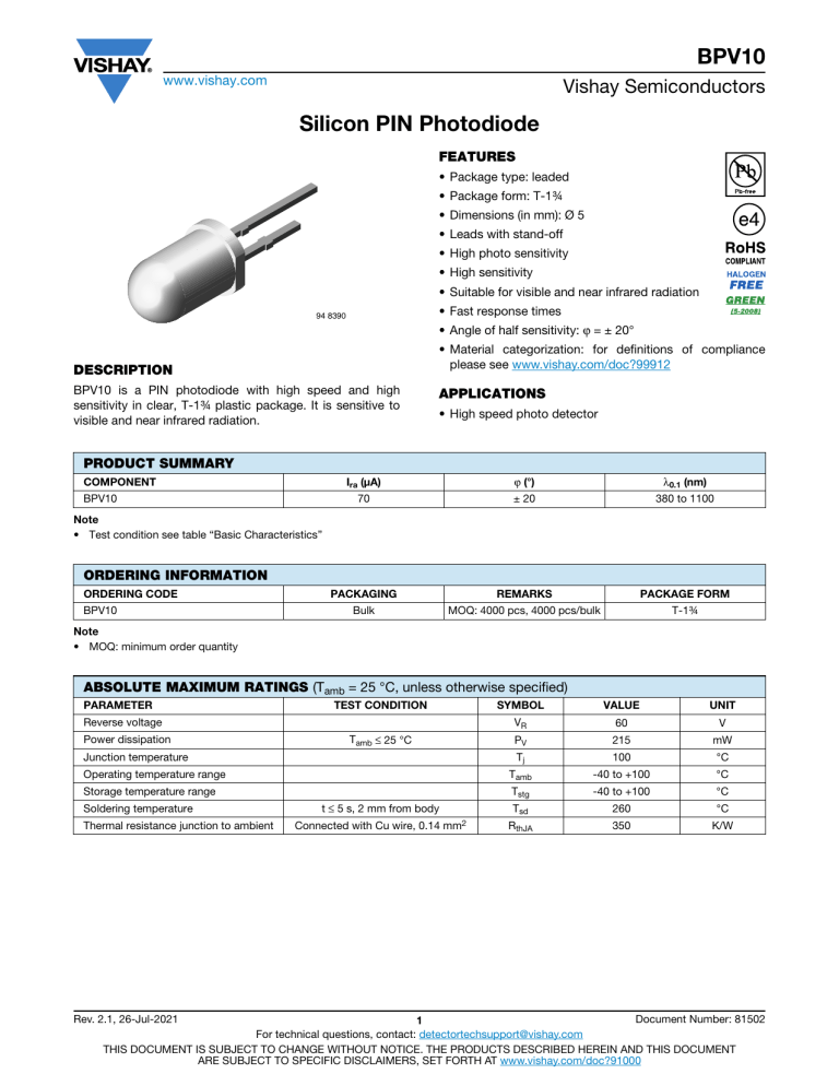 BPV10 Silicon PIN Photodiode Datasheet - Vishay