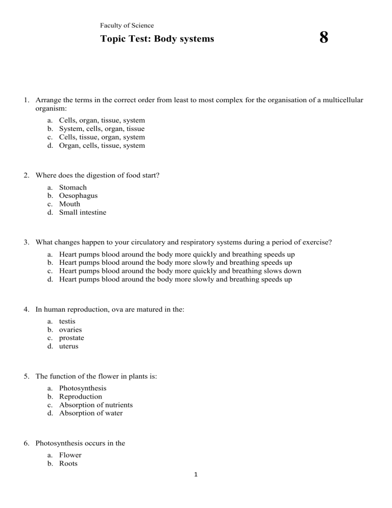 Body Systems Topic Test: Biology Assessment for Students
