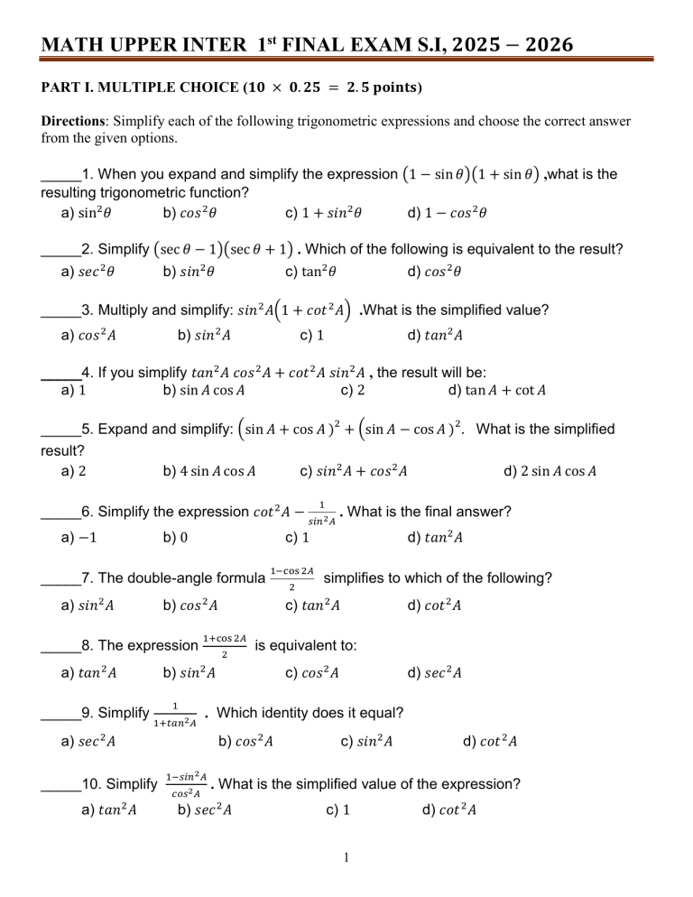 Math Trigonometry Exam: Upper Intermediate Level