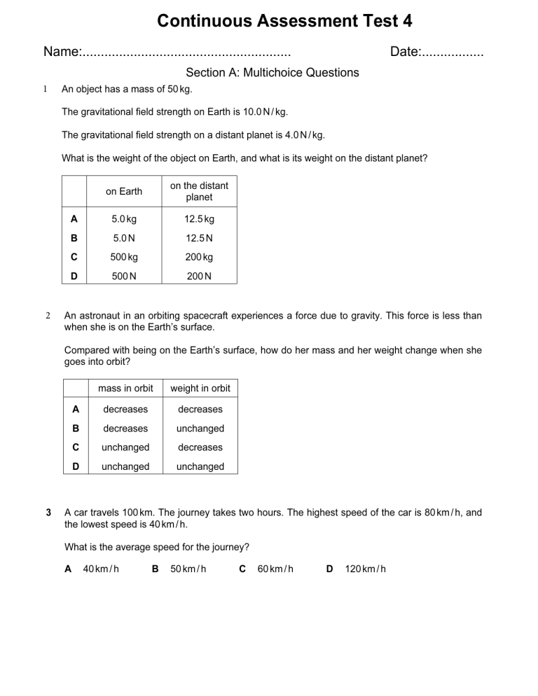 Physics Continuous Assessment Test 4: Forces, Motion & Equilibrium