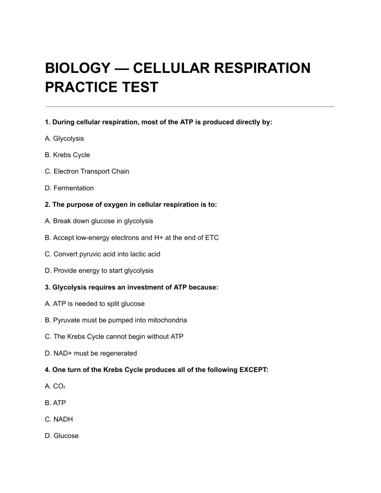 Cellular Respiration Practice Test | Biology Exam Prep Questions