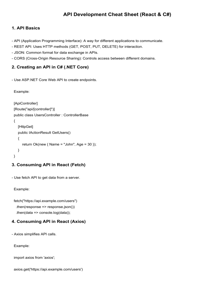 API Development Cheat Sheet: React & C# .NET Core APIs Guide