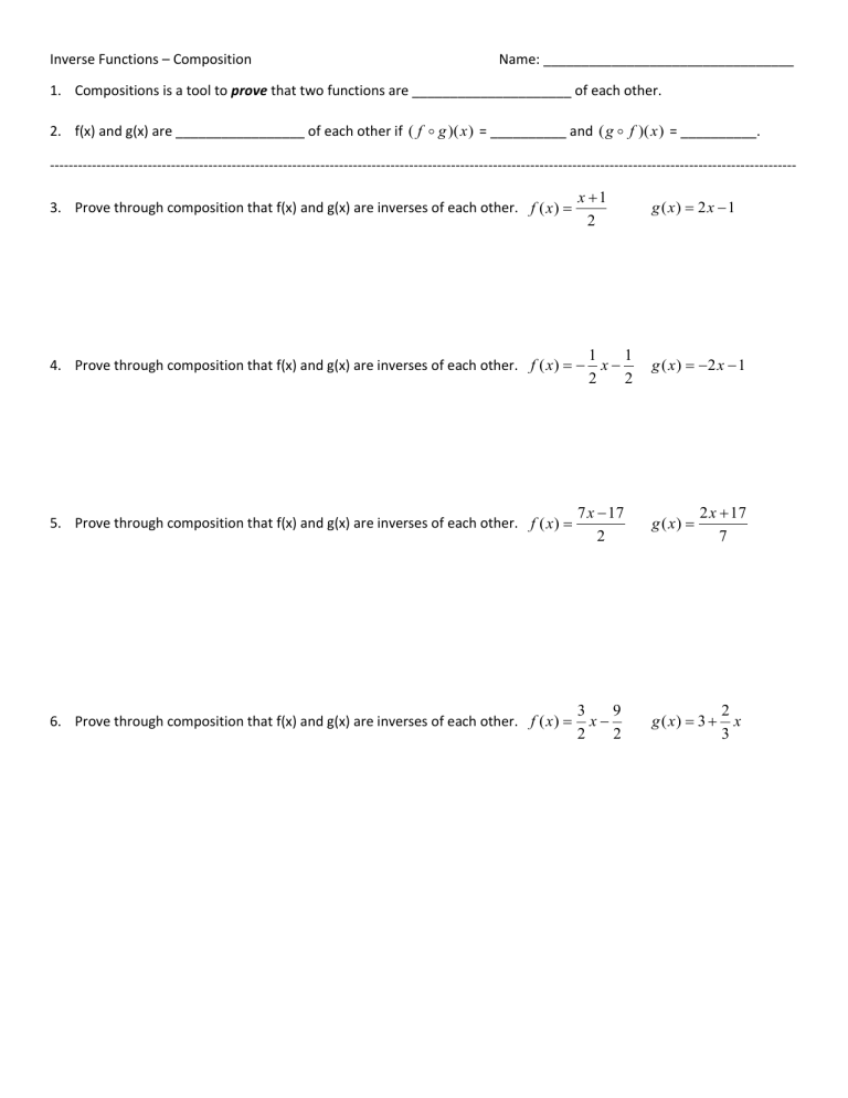 Inverse Functions: Composition Worksheet