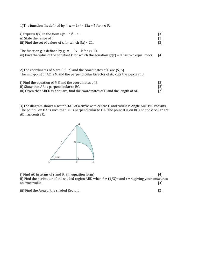 Math Problems: Functions, Coordinate Geometry, Sector Area & Perimeter