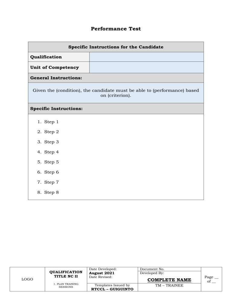 Performance Test: Plan Training Sessions NC II