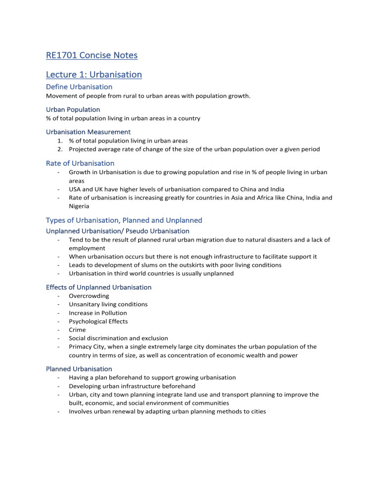 Urbanization Lecture Notes: Definitions, Types, and Urban Design
