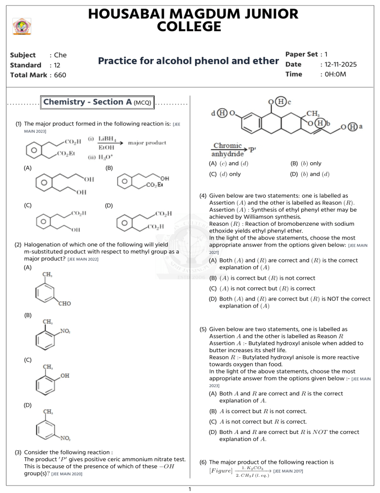 Alcohol, Phenol, Ether Chemistry Practice Questions