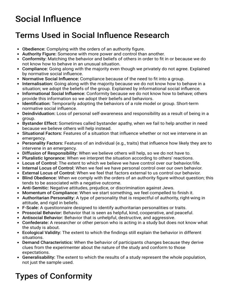 Social Influence: Terms, Conformity, Obedience & Bystander Effect