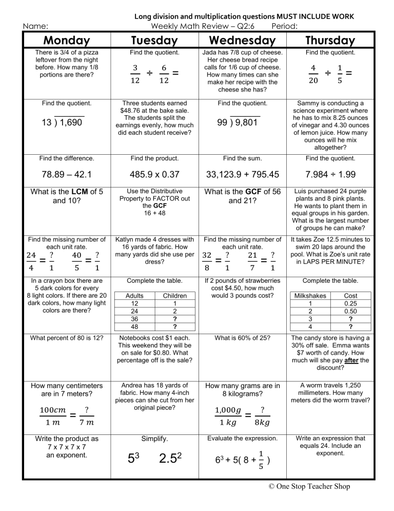 Weekly Math Review Q2:6 | Middle School Math Practice Worksheet