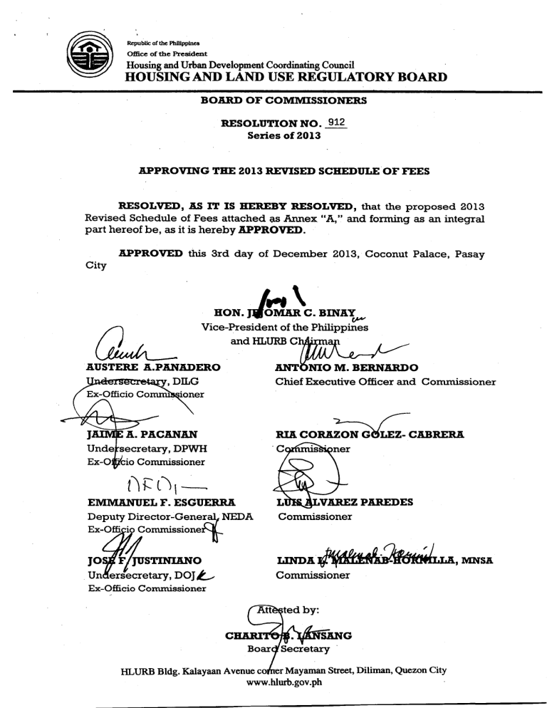 HLURB Resolution 912: 2013 Revised Schedule of Fees Approval