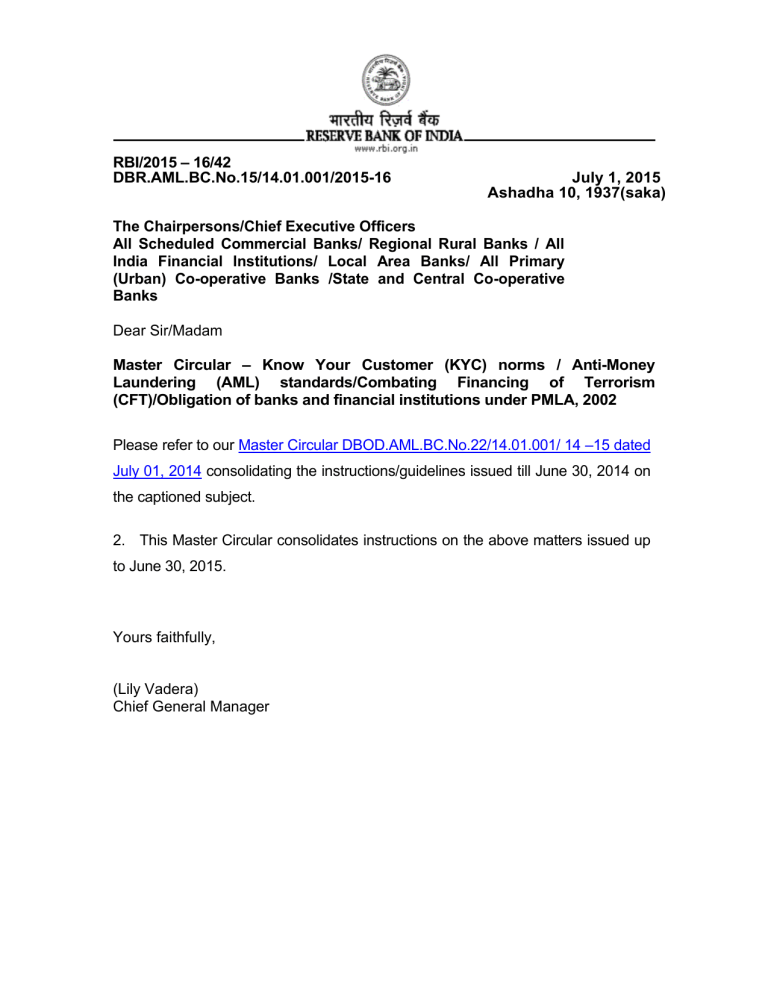 RBI Master Circular: KYC, AML, CFT Norms for Financial Institutions 2015