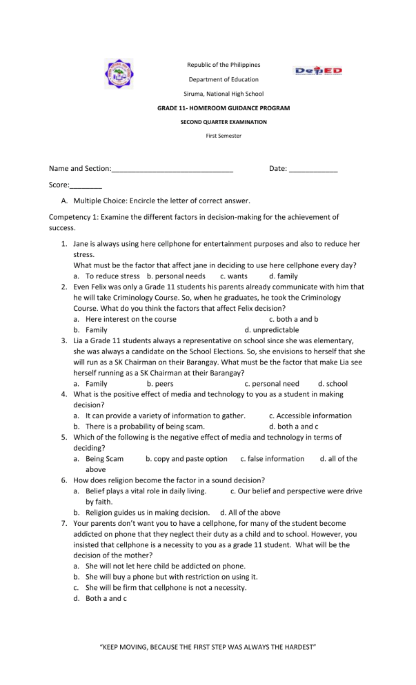 Grade 11 Homeroom Guidance: Second Quarter Decision-Making Exam
