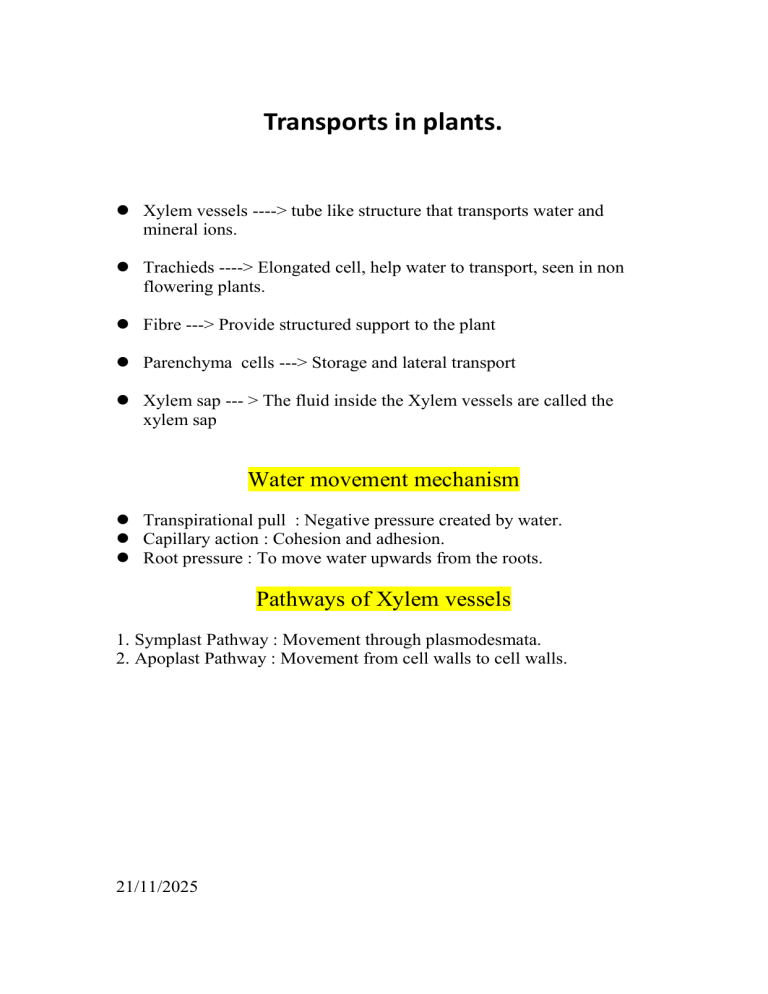 Plant Transport Systems: Xylem, Phloem, and Water Movement Mechanisms