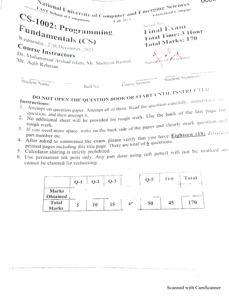 CS-1002 Programming Fundamentals Final Exam - FAST NUCES 2023