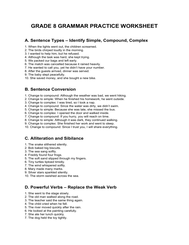 Grade 8 Grammar Practice Worksheet