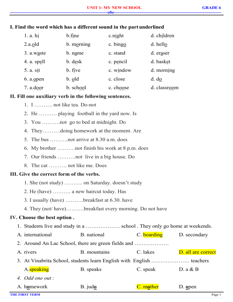 Grade 6 English Worksheet: My New School - Grammar & Vocab