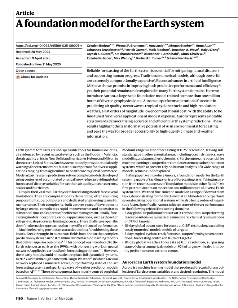 Aurora: AI Foundation Model for Earth System Forecasting & Prediction