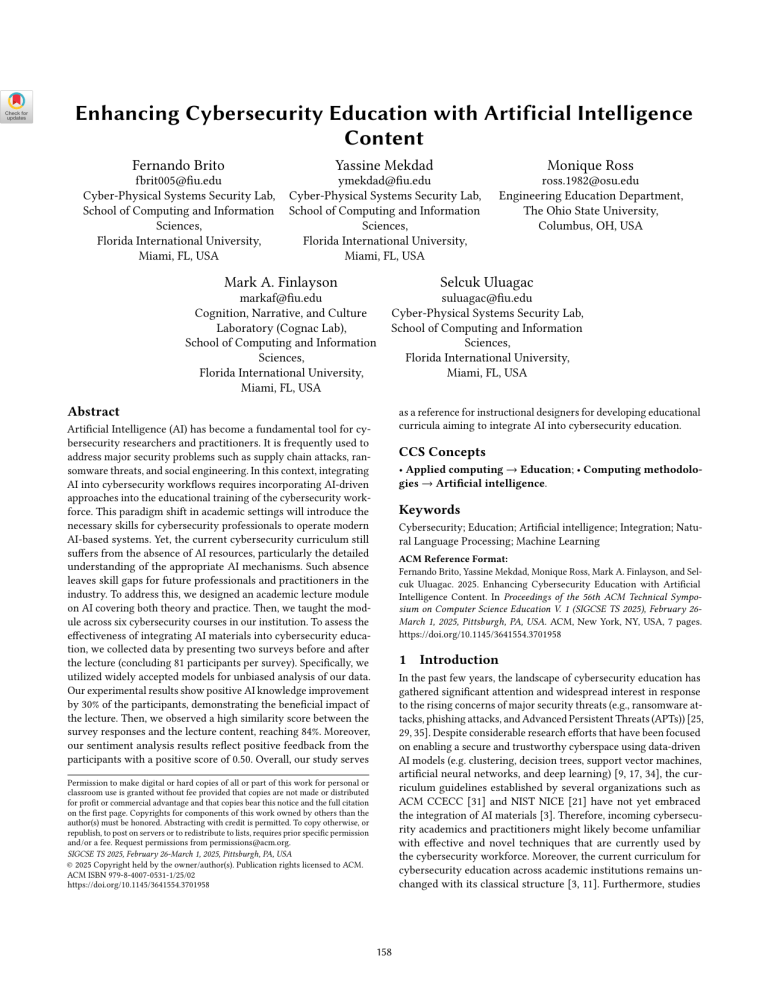 Enhancing Cybersecurity Education with AI: Curriculum Integration