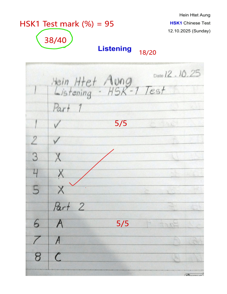 HSK1 Chinese Test Results: Hein Htet Aung's 95% Score (38/40)
