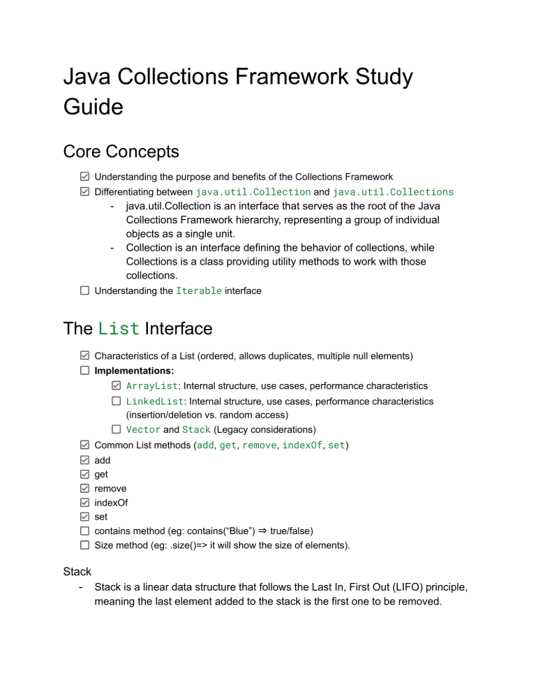 Java Collections Framework Study Guide: Core Concepts & Implementations