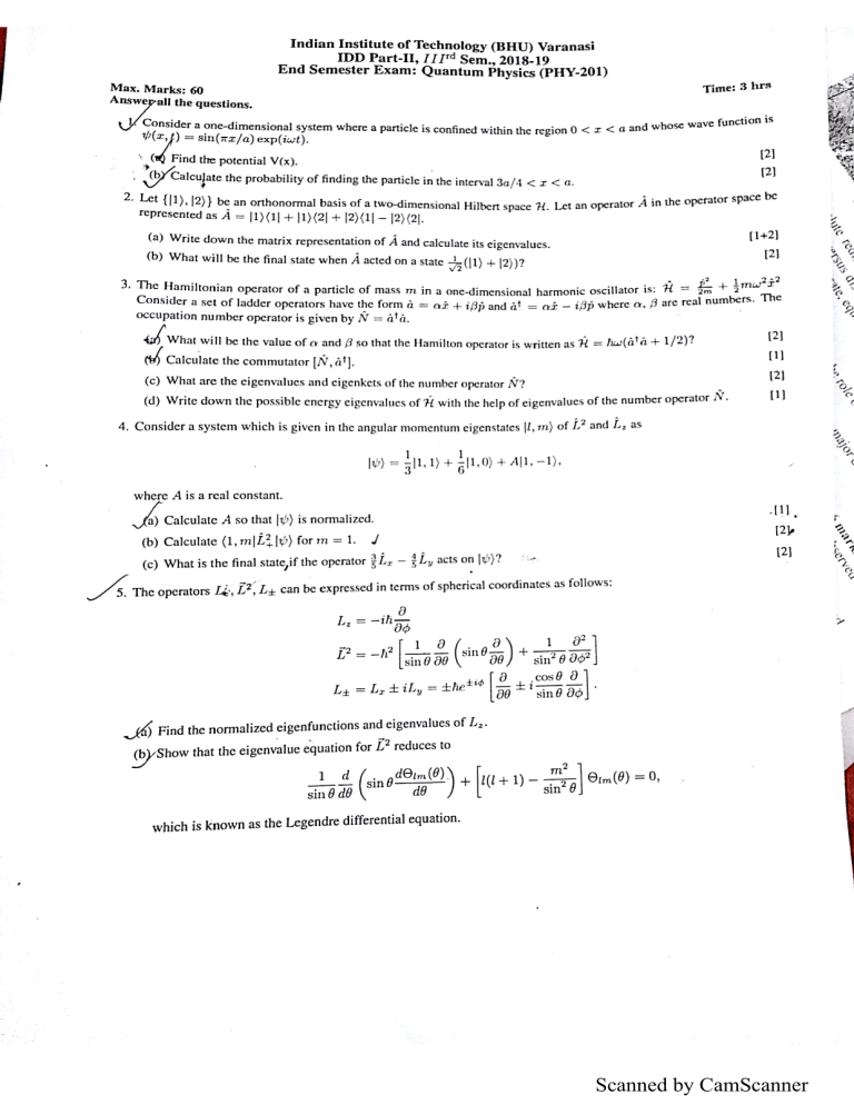 IIT BHU Quantum Physics End Semester Exam Paper (PHY-201)