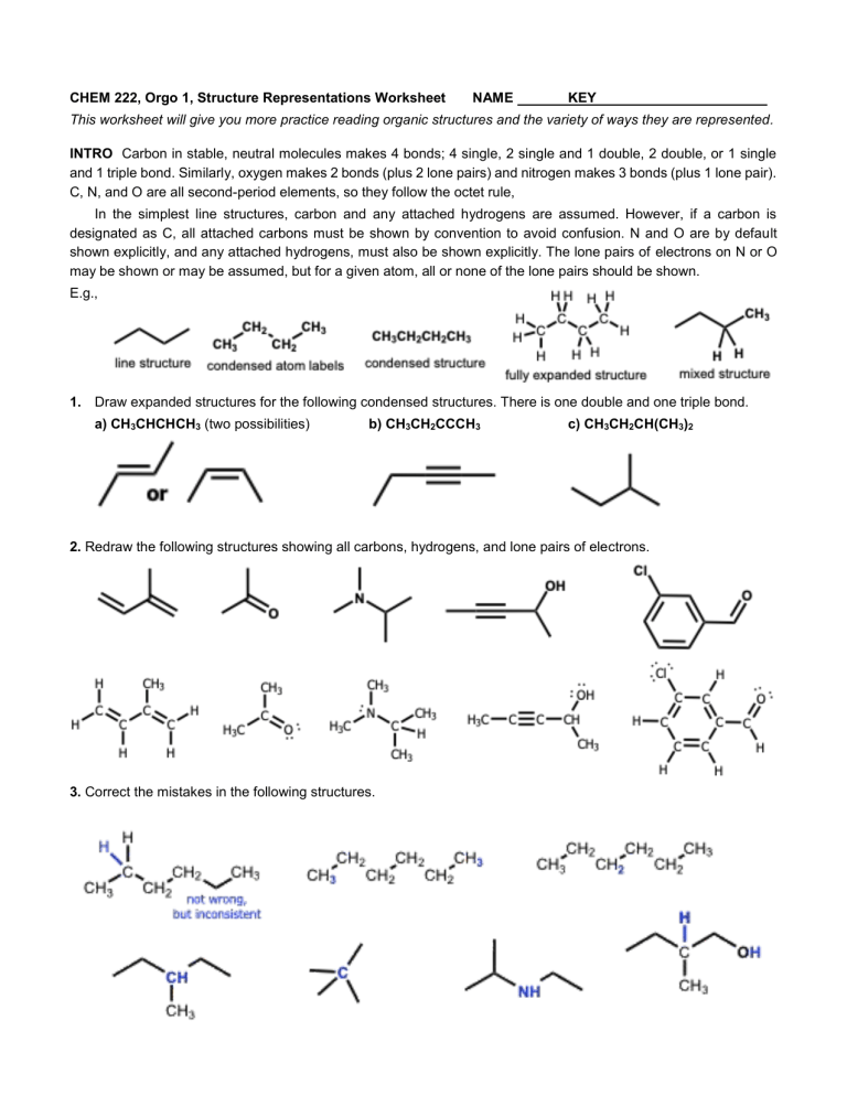 Organic Chemistry 1 Structure Representations Practice Worksheet
