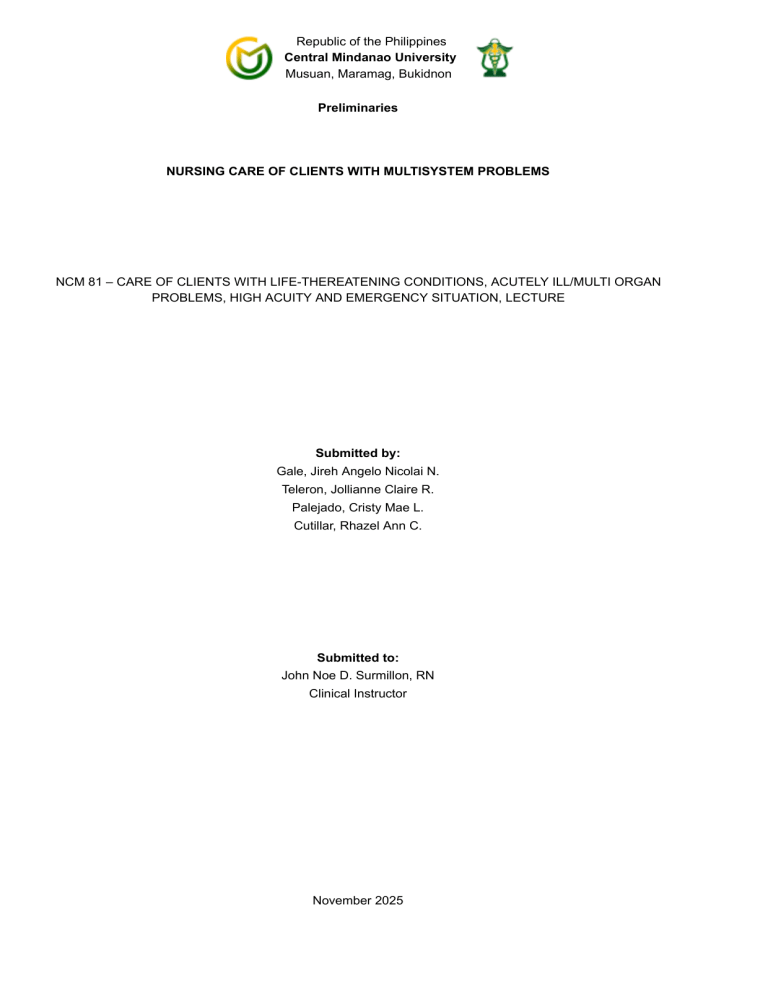 Nursing Care: Multisystem Problems, Shock, Sepsis, SIRS, MODS Lecture